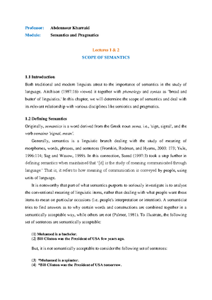 Semantics lectures 3 +4 - Professor: Abdennour Kharraki Module: Semantics and Pragmatics Lecture ...