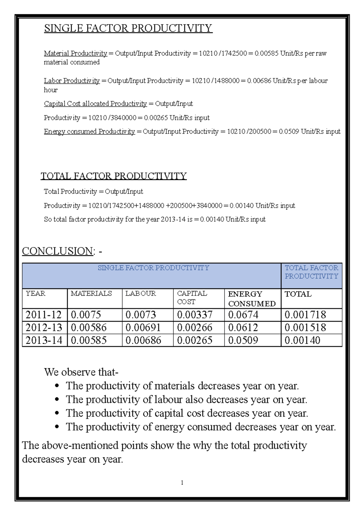 Operations report three - SINGLE FACTOR PRODUCTIVITY Material ...