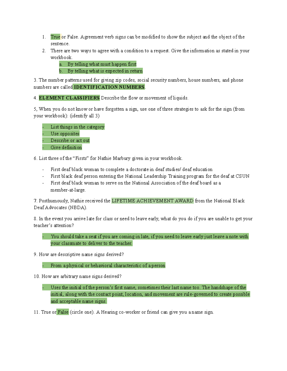 Unit 8 Workbook Reading Questions - True or False. Agreement verb signs ...