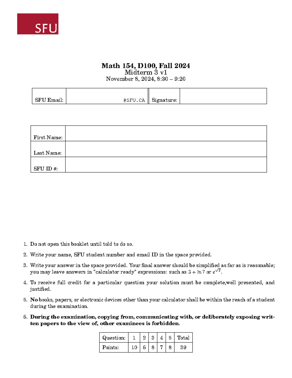Midterm 3 V1 Solutions - Midterm 3 v November 8, 2024, 8:30 – 9: SFU ...
