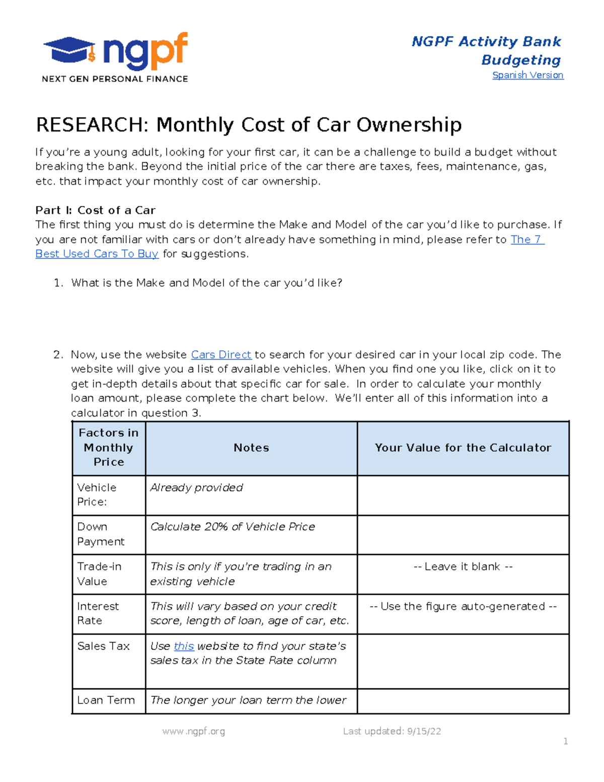 Research Monthly Cost of Car Ownership (1) - NGPF Activity Bank ...