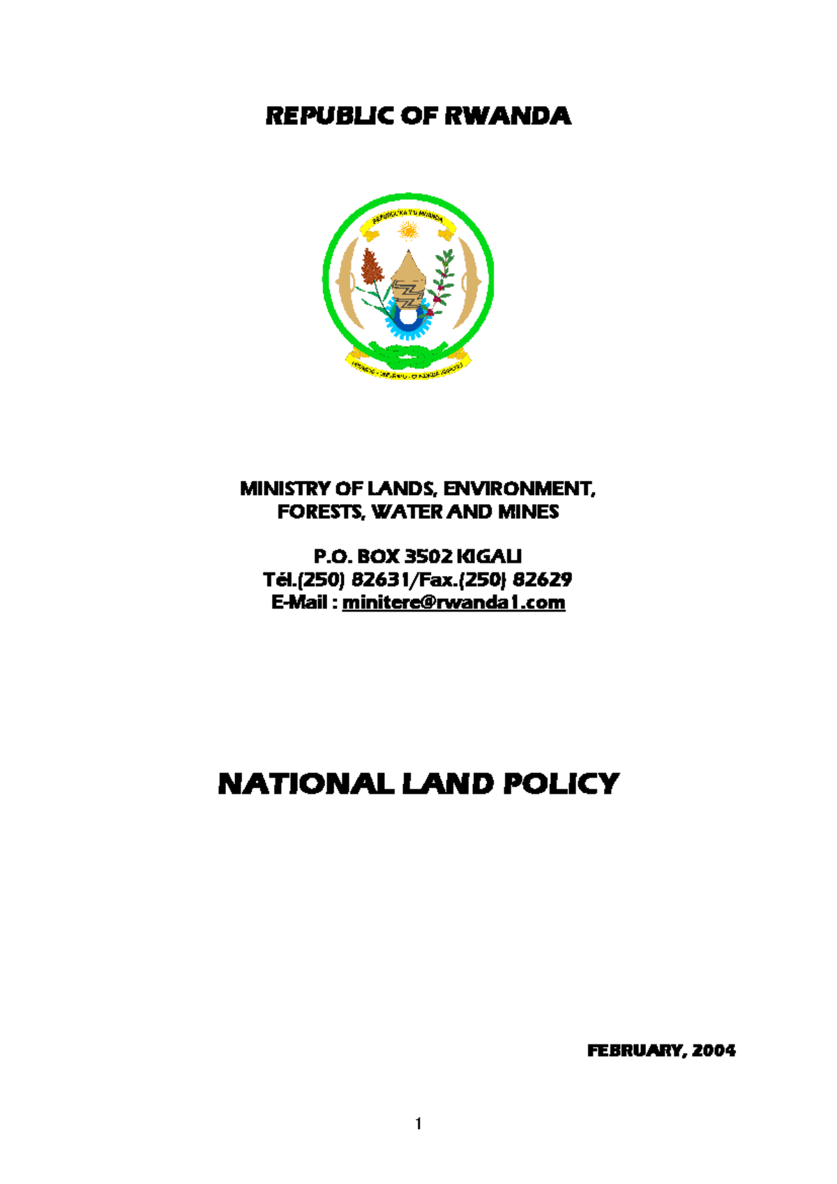 National land policy english version - REPUBLIC OF RWANDA MINISTRY OF ...