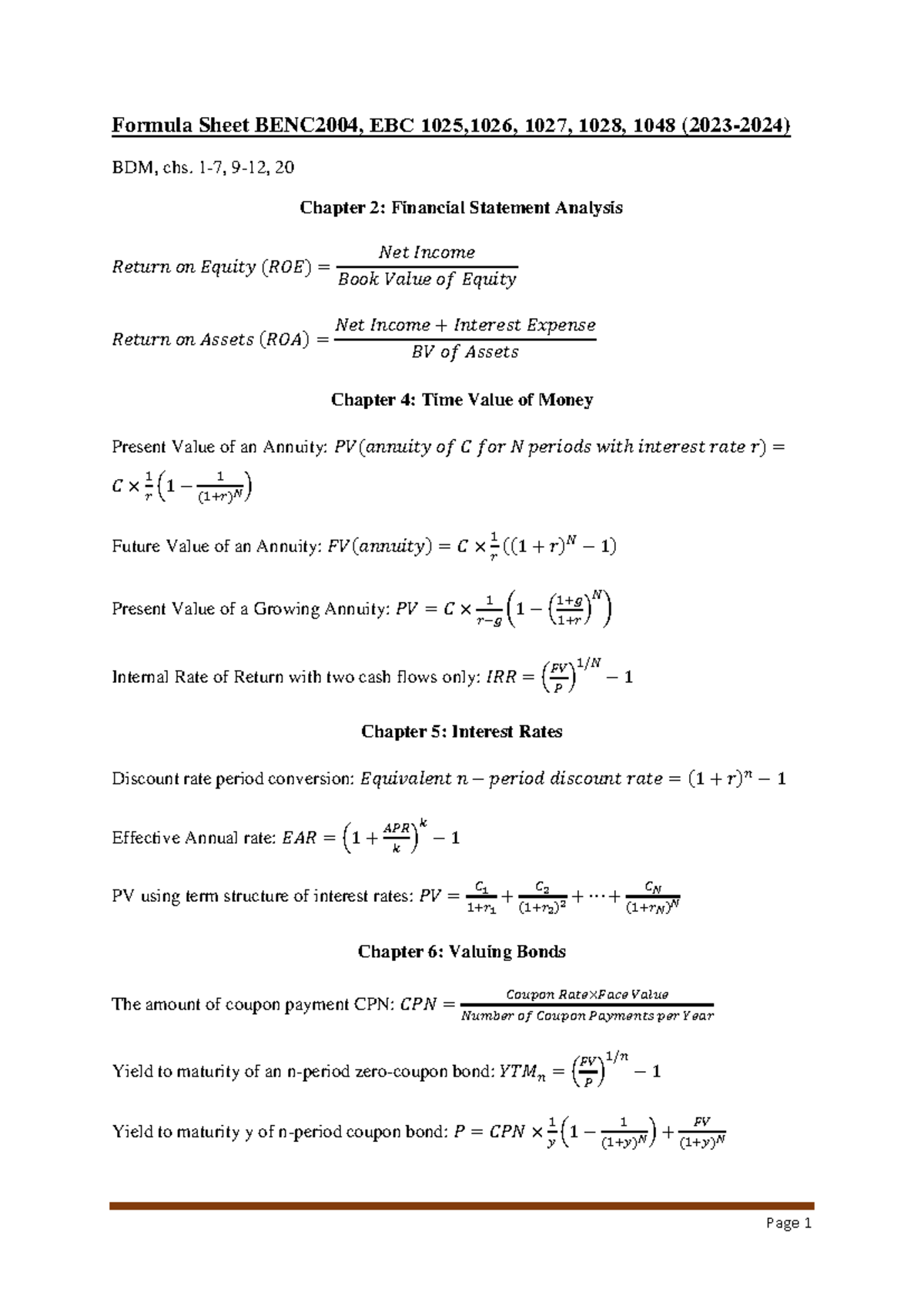 Formula Sheet Finance 23 24 - Formula Sheet BENC2004, EBC 1025,1026 ...