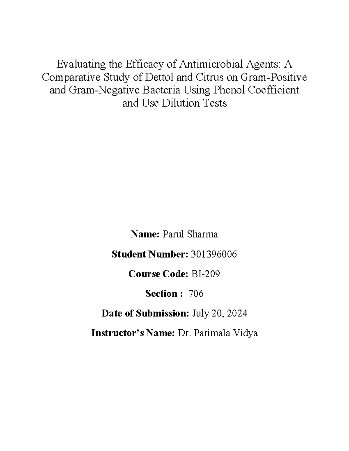 Semiformal report - Evaluating the Efficacy of Antimicrobial Agents: A ...