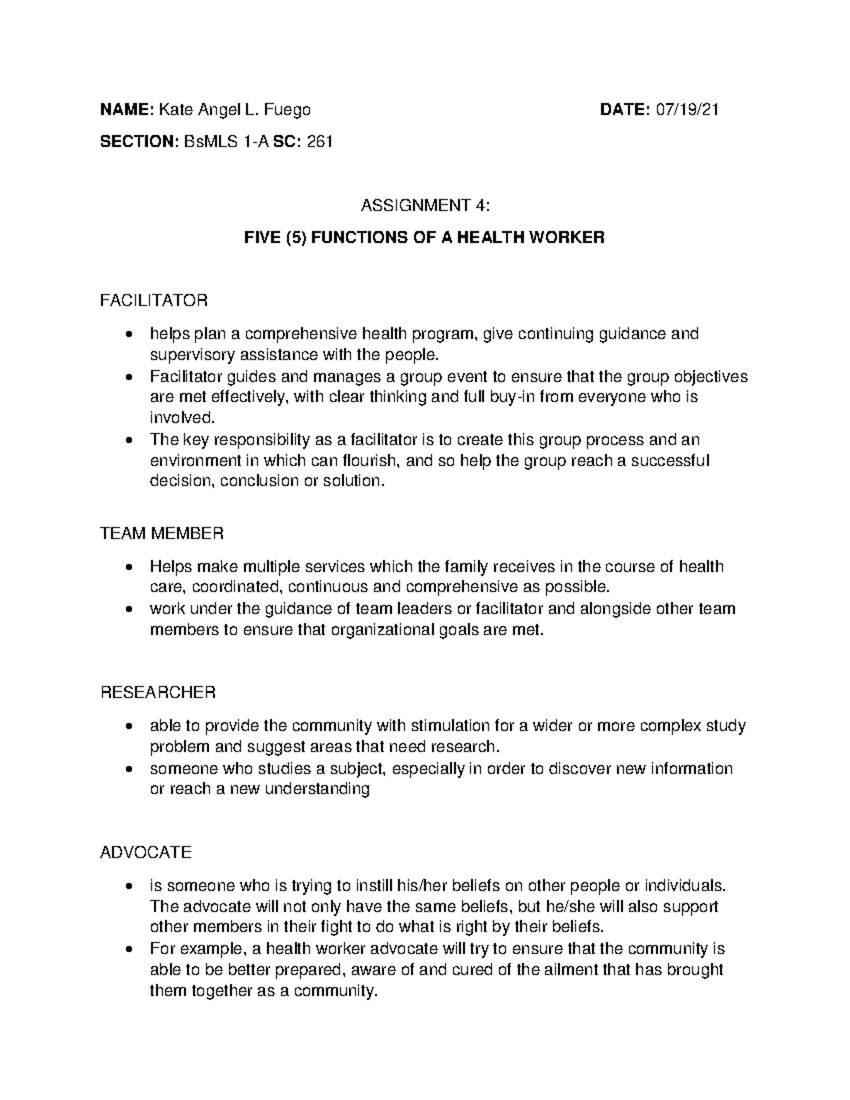 ASSIGNMENT 4: FIVE (5) FUNCTIONS OF A HEALTH WORKER - BS Medical ...