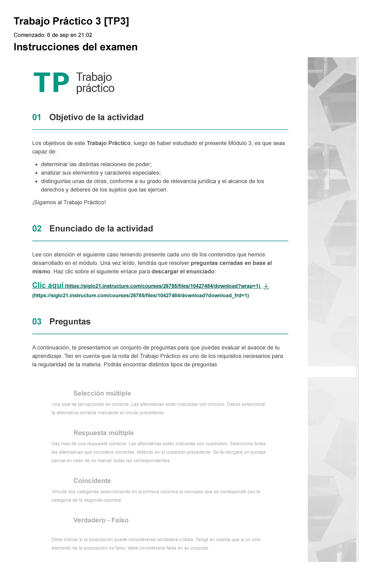 TP3 - 90% - trabajo practico - Trabajo Práctico 3 [TP3] Comenzado: 6 de sep en 21: Instrucciones ...