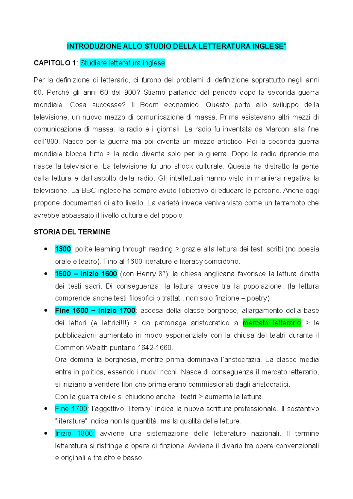 Riassunto - Introduzione allo studio della letteratura inglese - INTRODUZIONE ALLO STUDIO DELLA ...