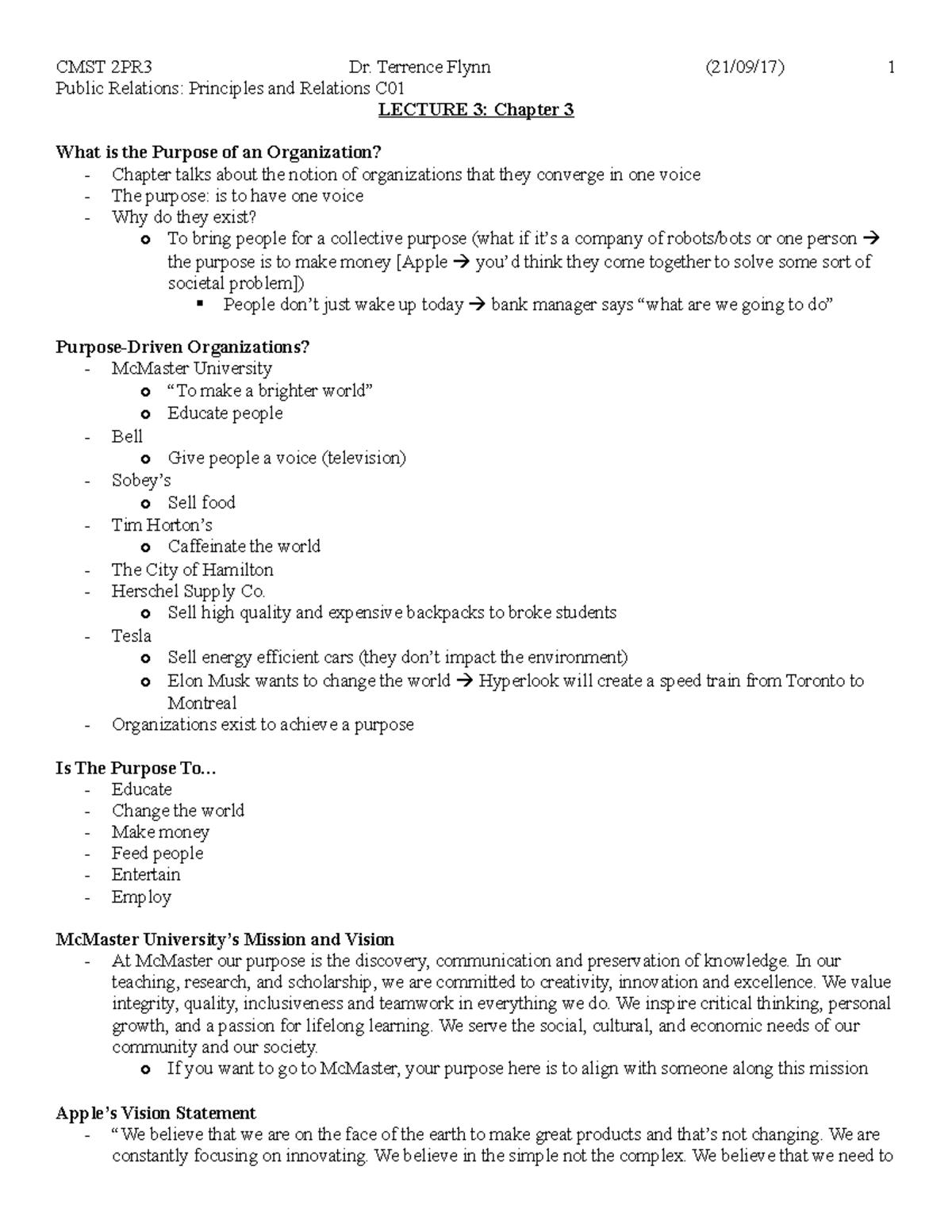 Lecture 3 - Chapter 3 - CMST 2PR3 Dr. Terrence Flynn Public Relations ...