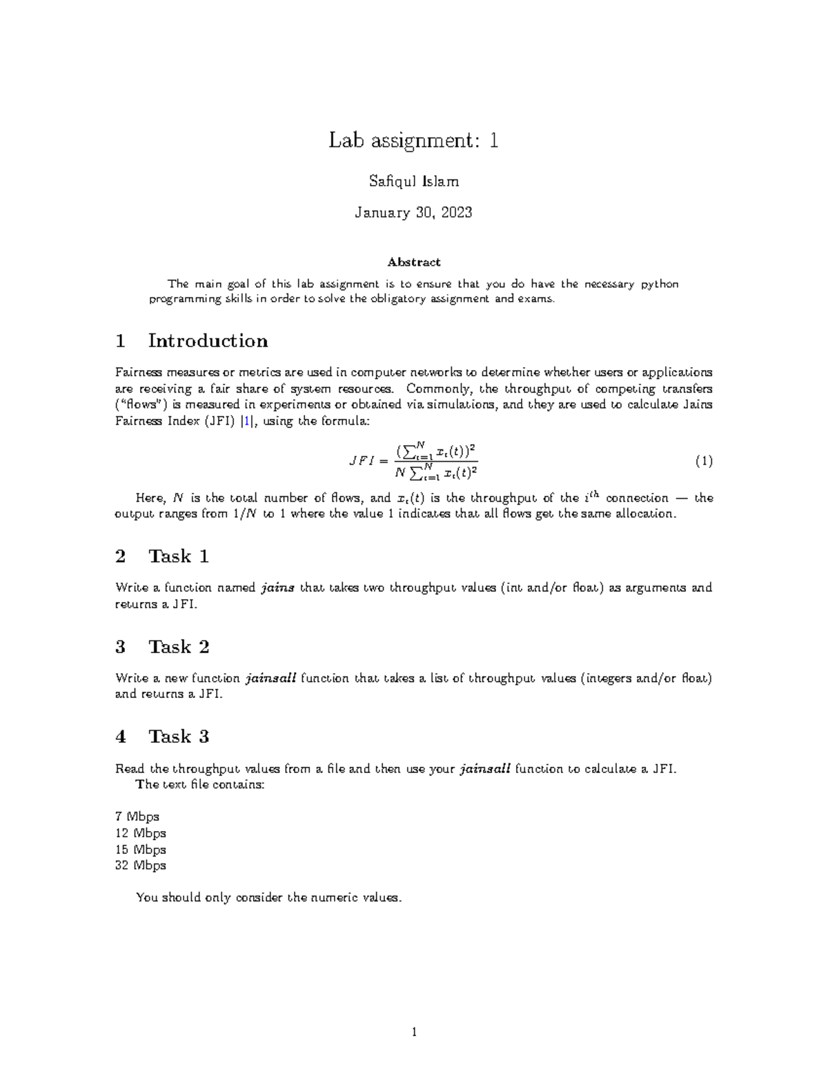 Lab assignment 1 - lab 1 - Lab assignment: 1 Safiqul Islam January 30, 2023 Abstract The main ...