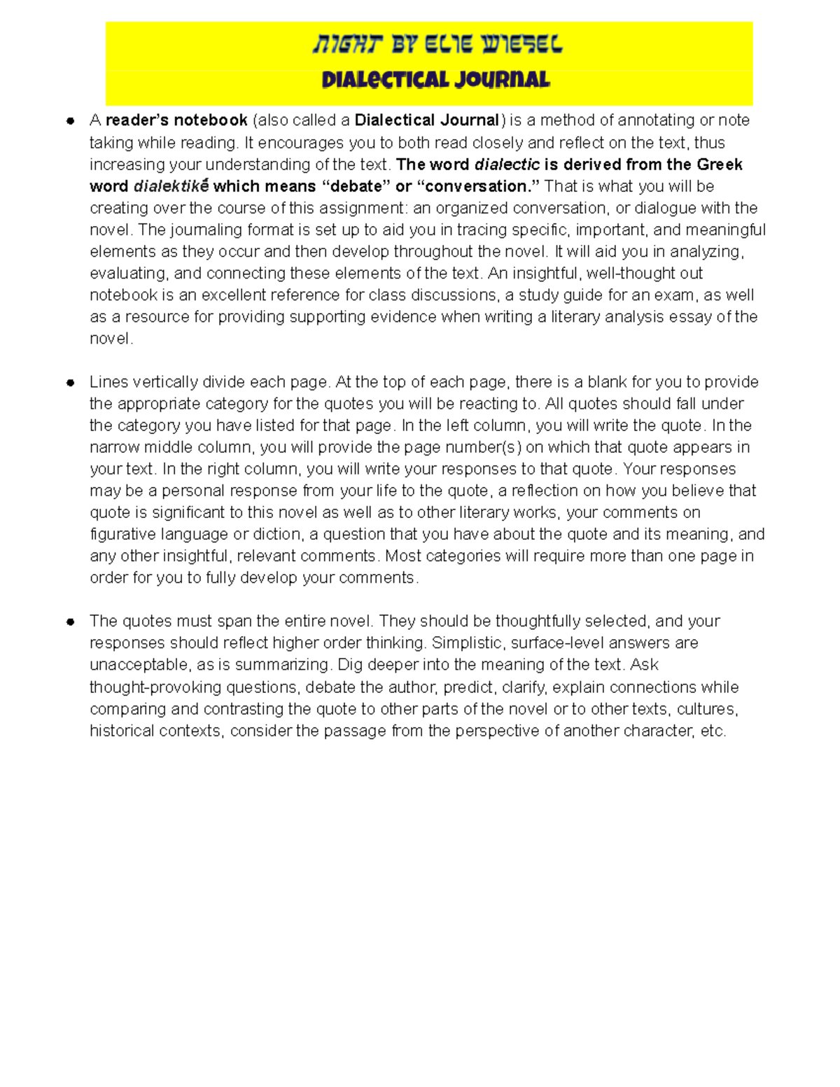 Night by Elie Wiesel Dialectical Journal Assignment - A reader’s ...
