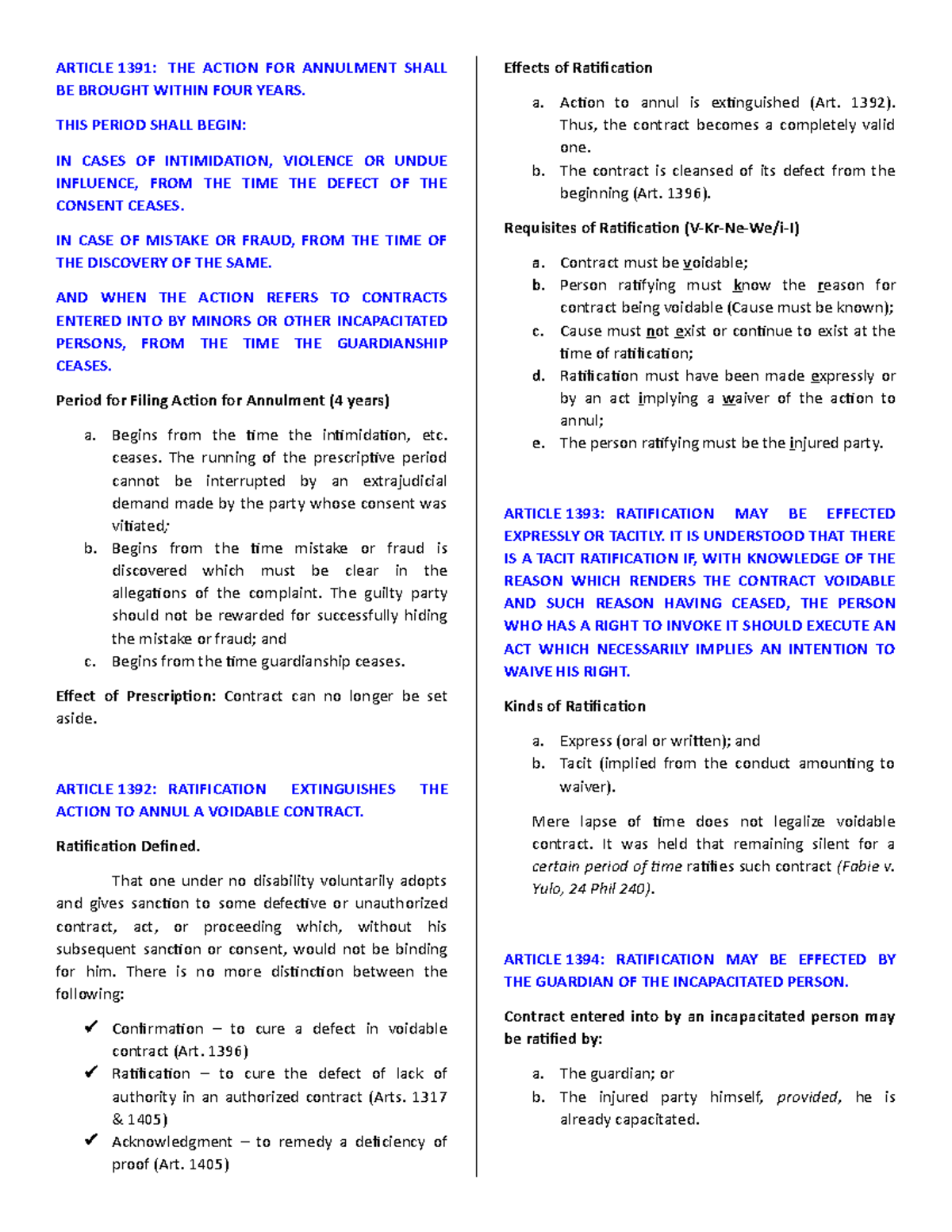 Civil Code (Contracts) Arts. 1391-1400 ( Summary) - ARTICLE 1391: THE ...