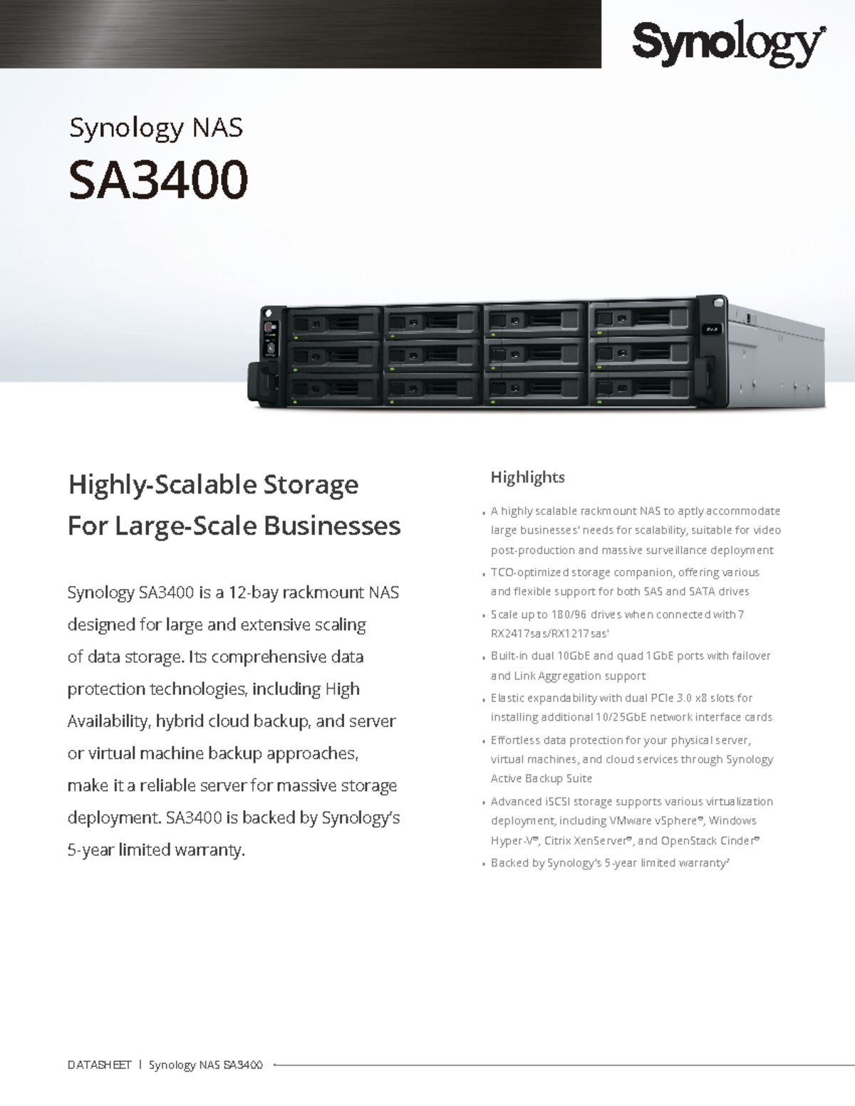 Synology SA3400 Data Sheet enu - Highly-Scalable Storage For Large ...