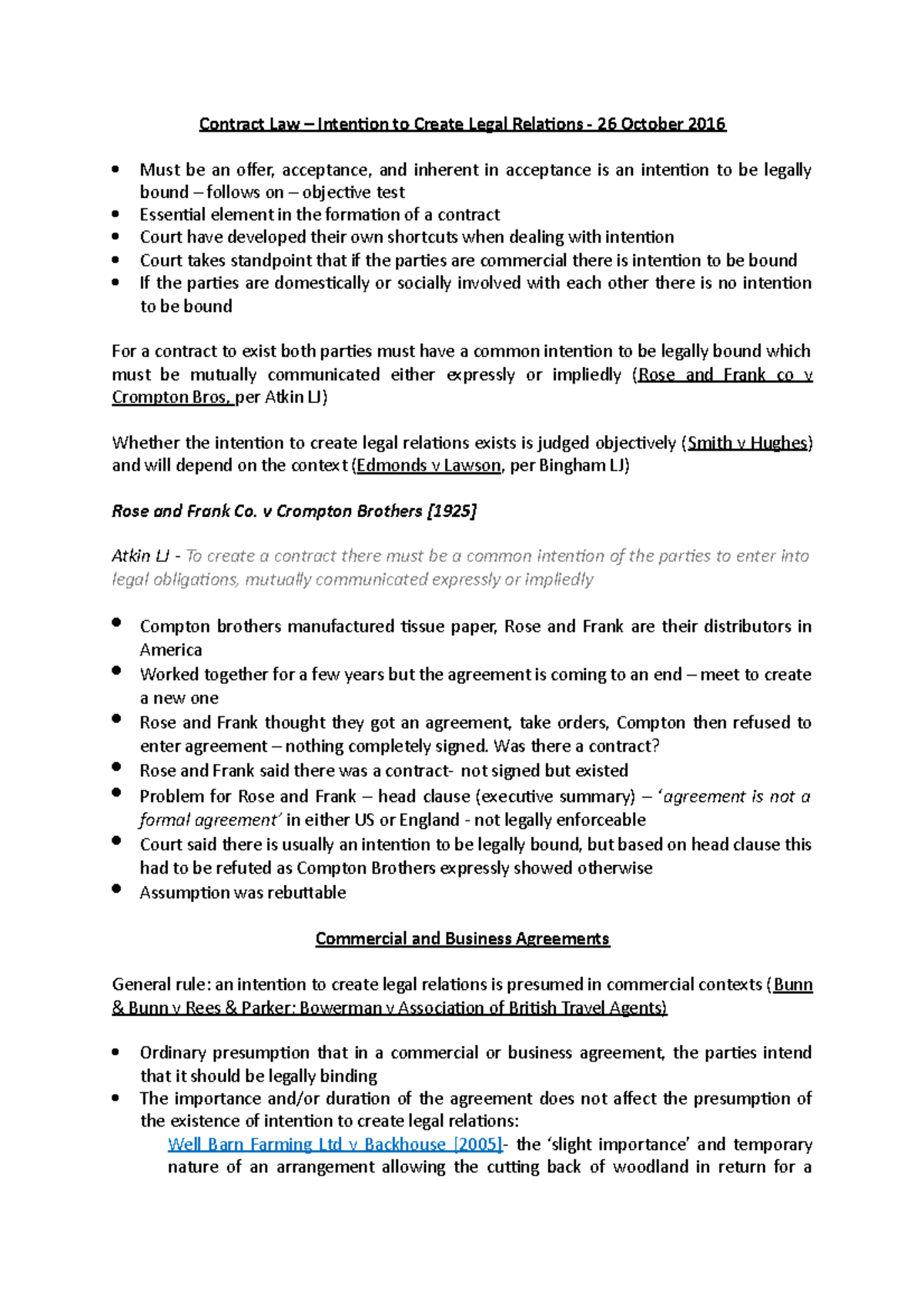 Contract Law – Intention to Create Legal Relations - v Crompton ...