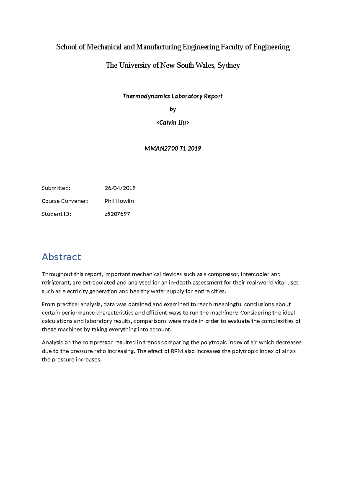 2700 Lab Report - School of Mechanical and Manufacturing Engineering ...