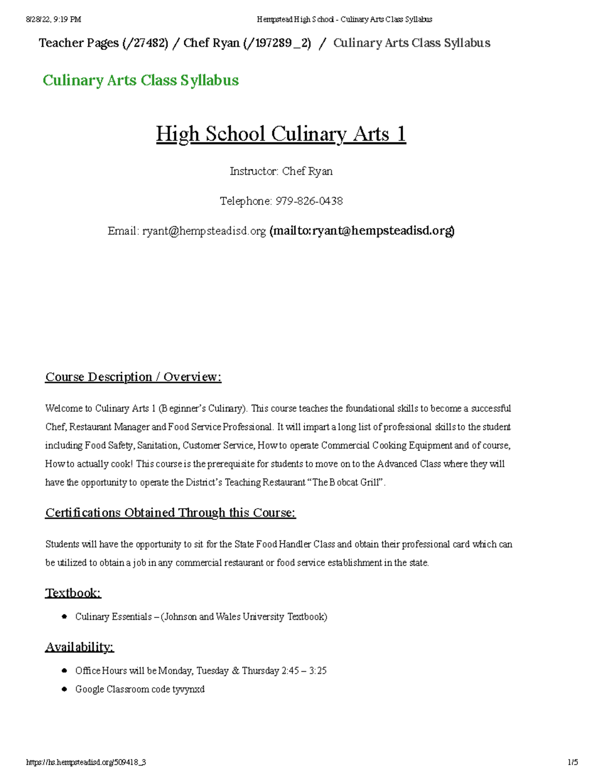 Hempstead High School - Culinary Arts Class Syllabus - Teacher Pages ...