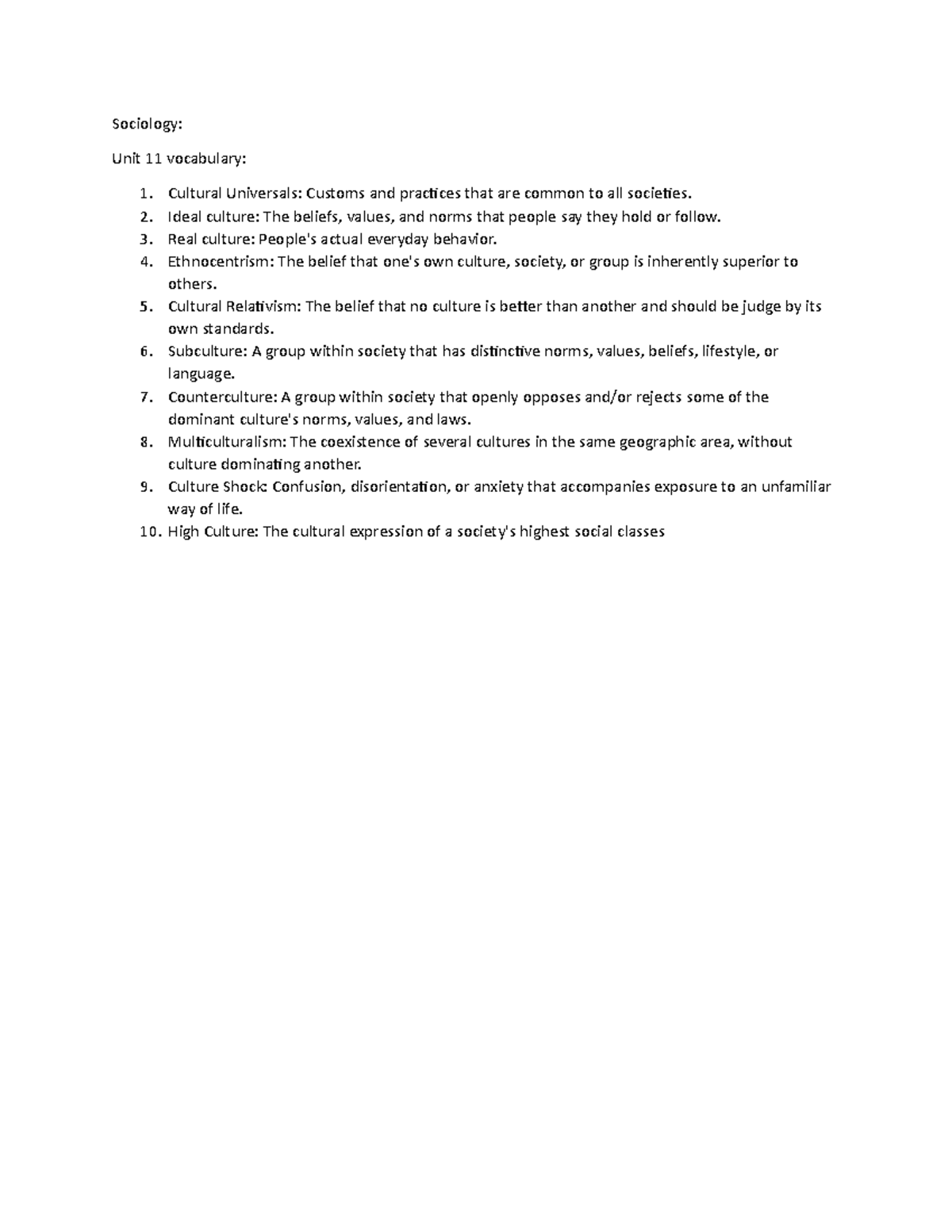 Sociology unit 11 vocabulary - Sociology: Unit 11 vocabulary: Cultural ...