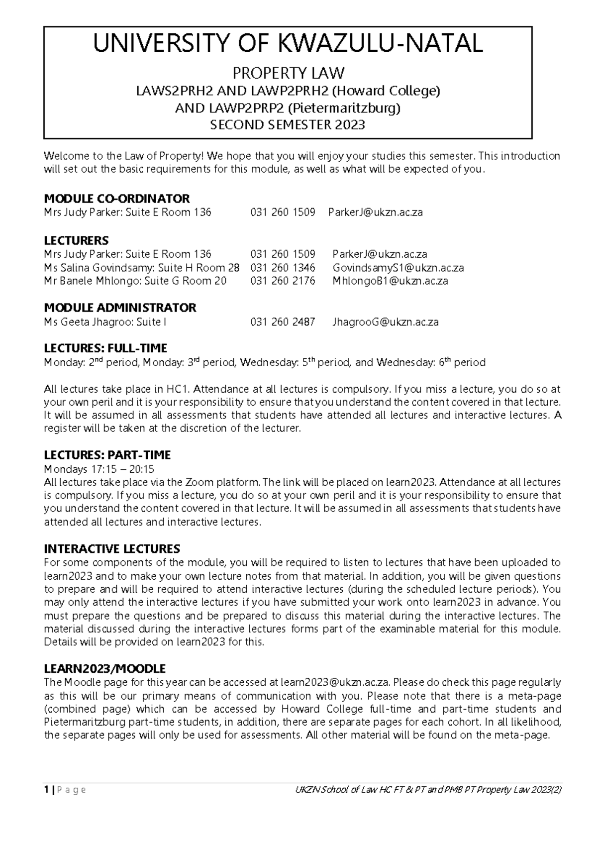 Module Outline v1 - UNIVERSITY OF KWAZULU‐NATAL PROPERTY LAW LAWS2PRH2 ...