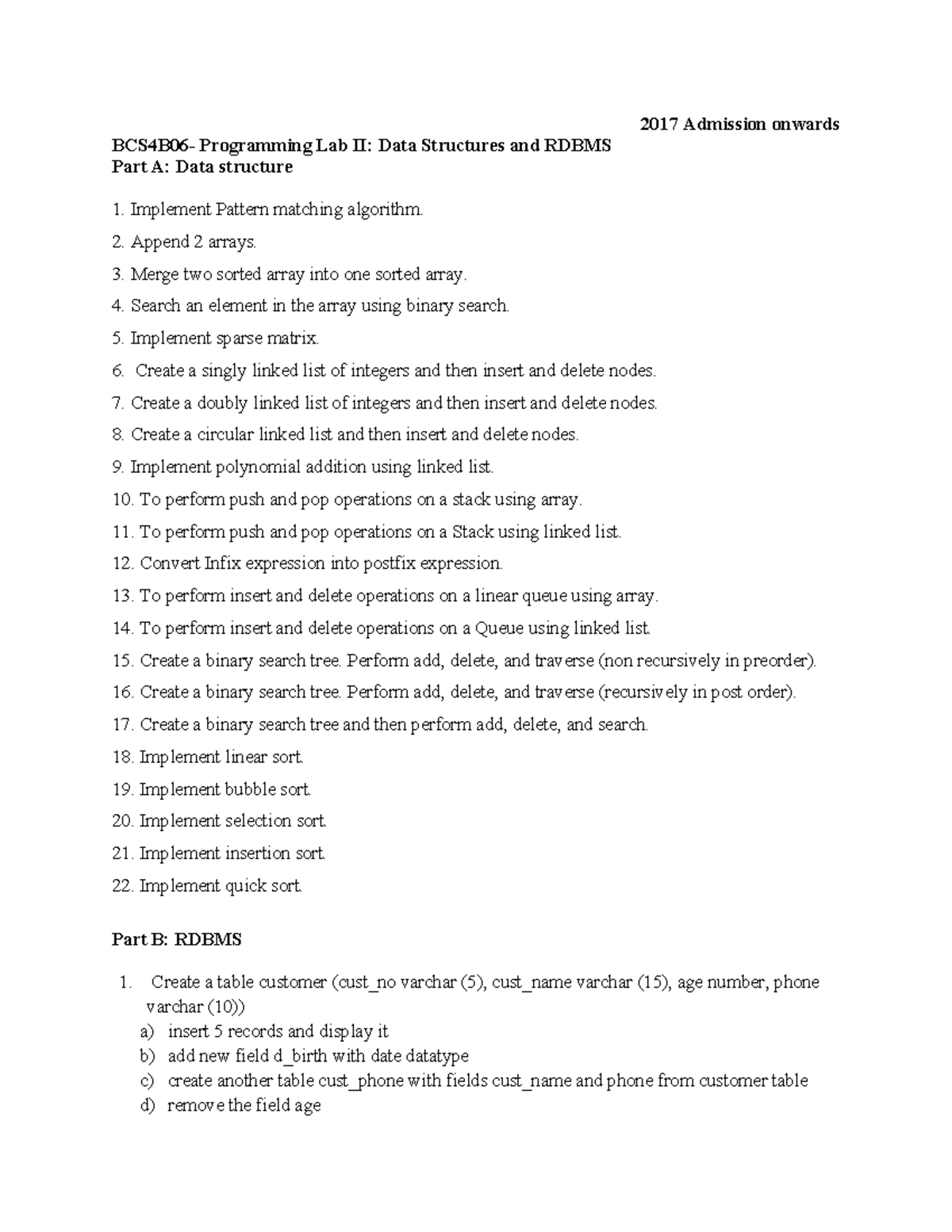 BCS4B06 - Data Structures and Rdbms - 2017 Admission onwards Programming Lab II: Data Structures ...
