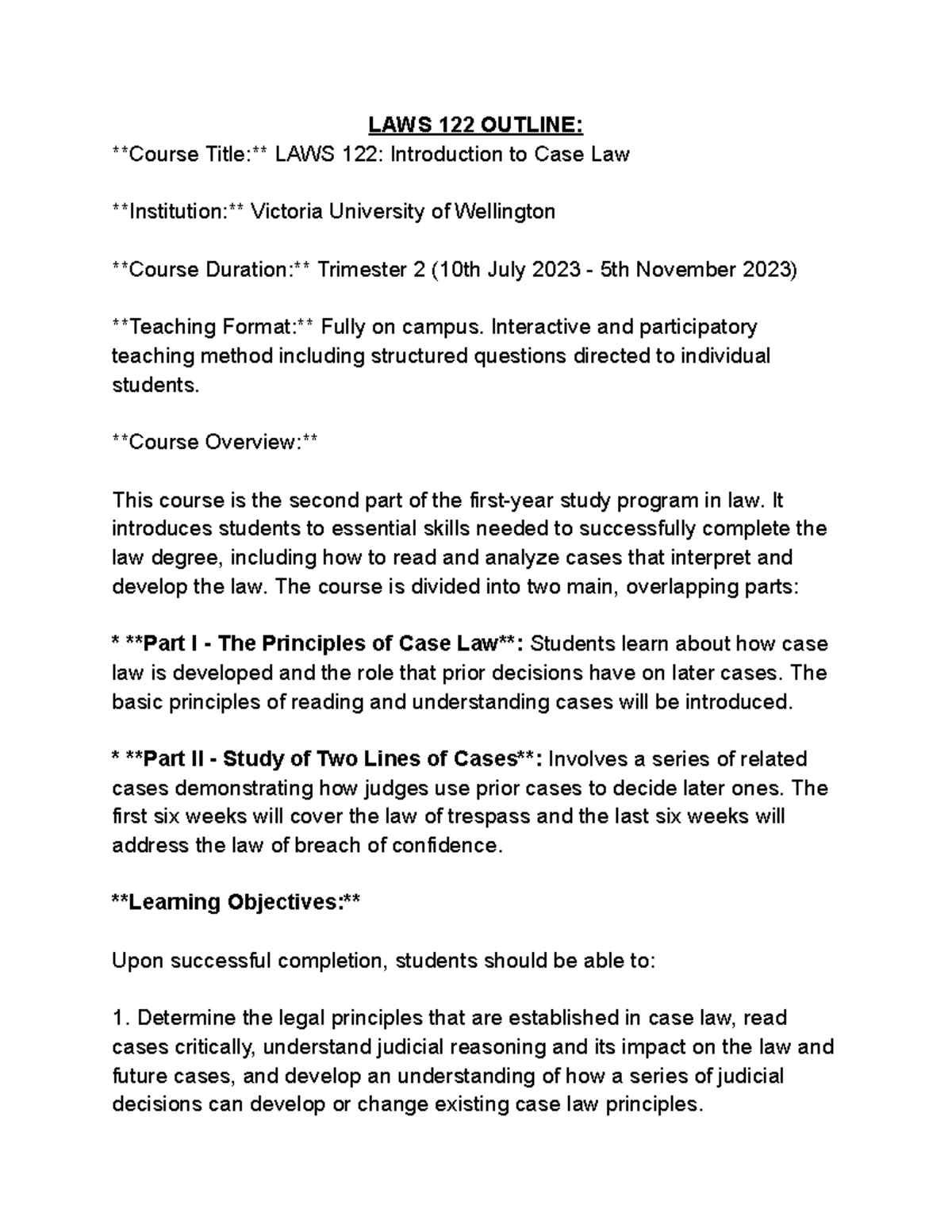 LAWS 122 Outline - LAWS 122 OUTLINE: Course Title: LAWS 122 ...