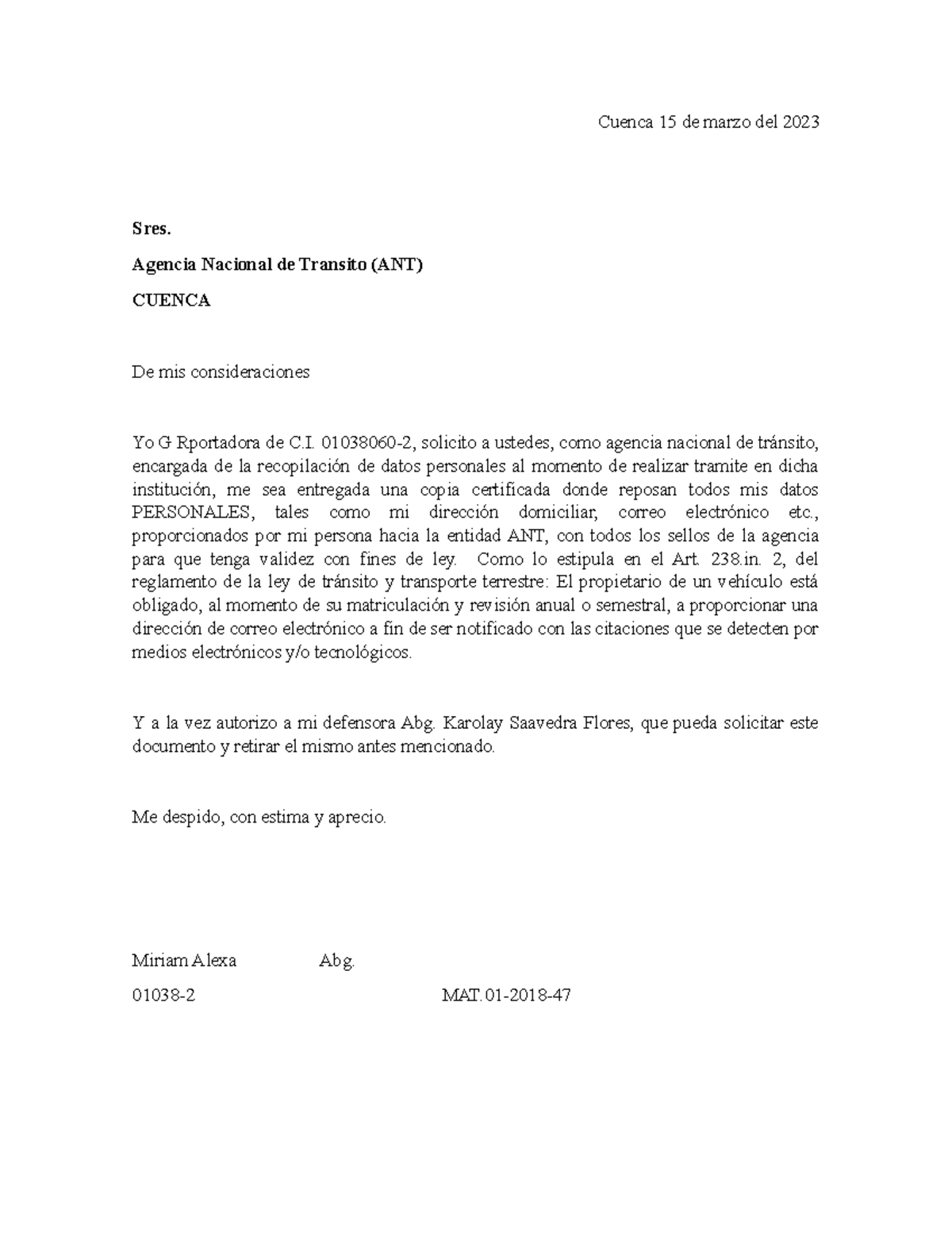 Ant - formato - Cuenca 15 de marzo del 2023 Sres. Agencia Nacional de ...