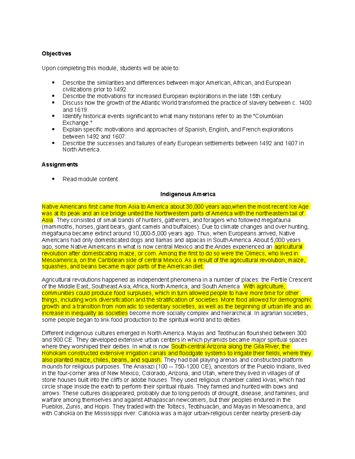 HIST1301 Unit 1 Module 1 Reading - Objectives Upon completing this ...