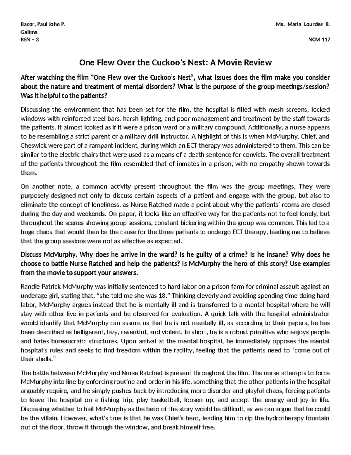 One Flew Over the Cuckoo's Nest (Movie Analysis) (Bacor BSN-3) - Bacor ...