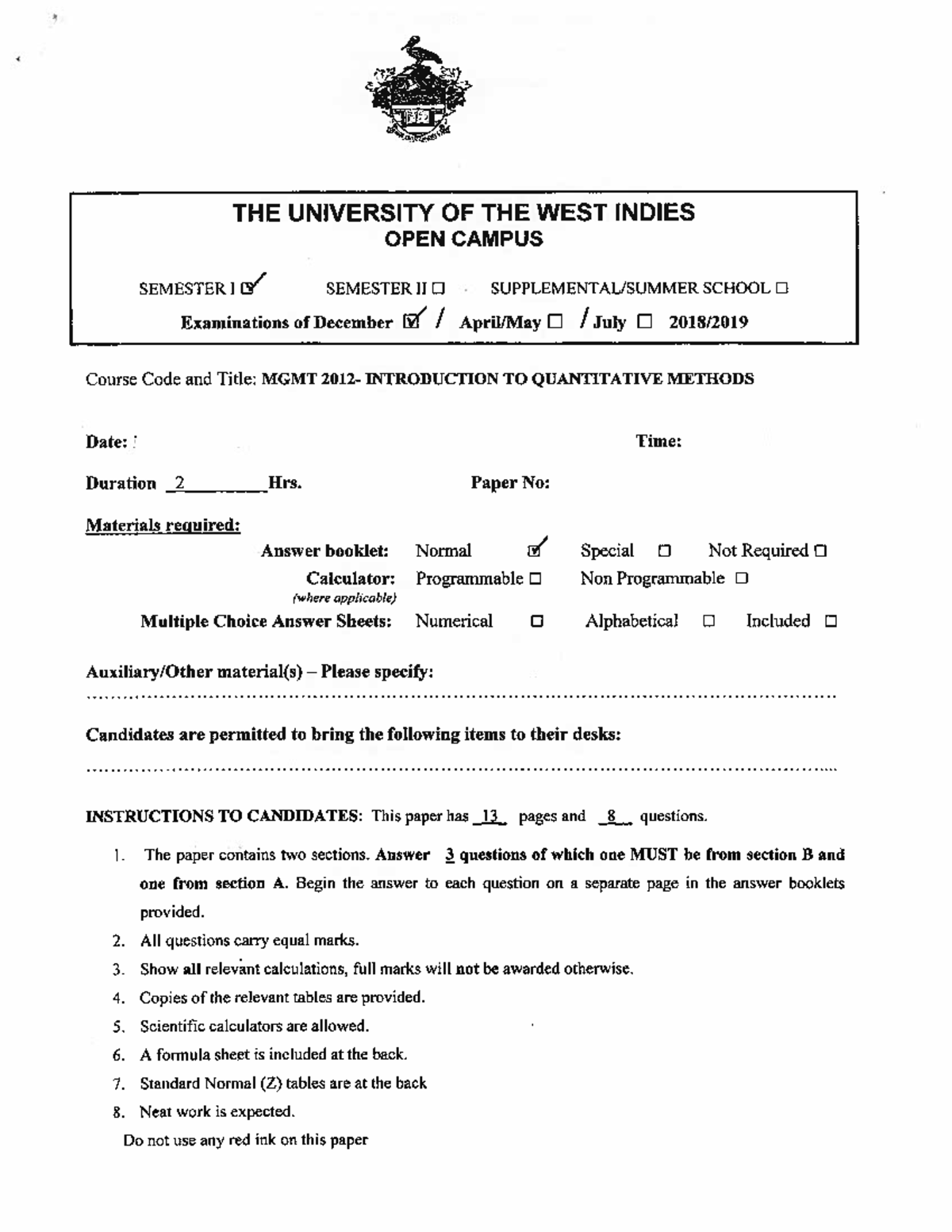 MGMT2012 201801 OC - Past Paper - Quantitative Methods - Studocu