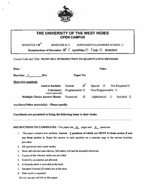MGMT2012 201610 - Past Paper - Quantitative Methods - Studocu