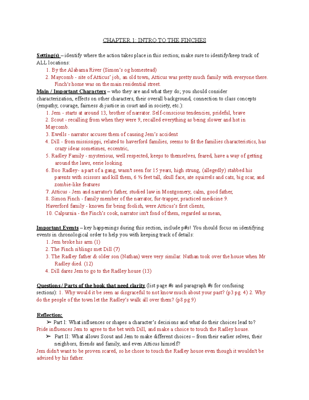 TKAM - Chapter 1 - CHAPTER 1: INTRO TO THE FINCHES Setting(s ...