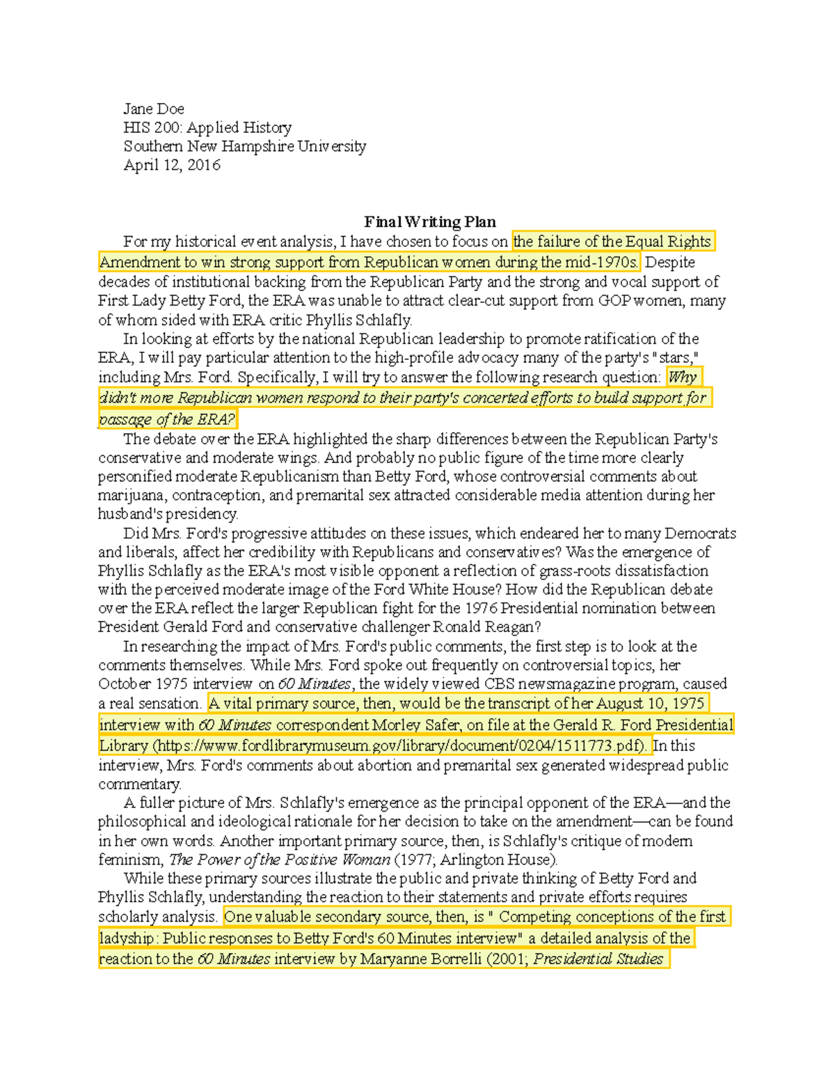 Wrting plan example for project - Jane Doe HIS 200: Applied History ...