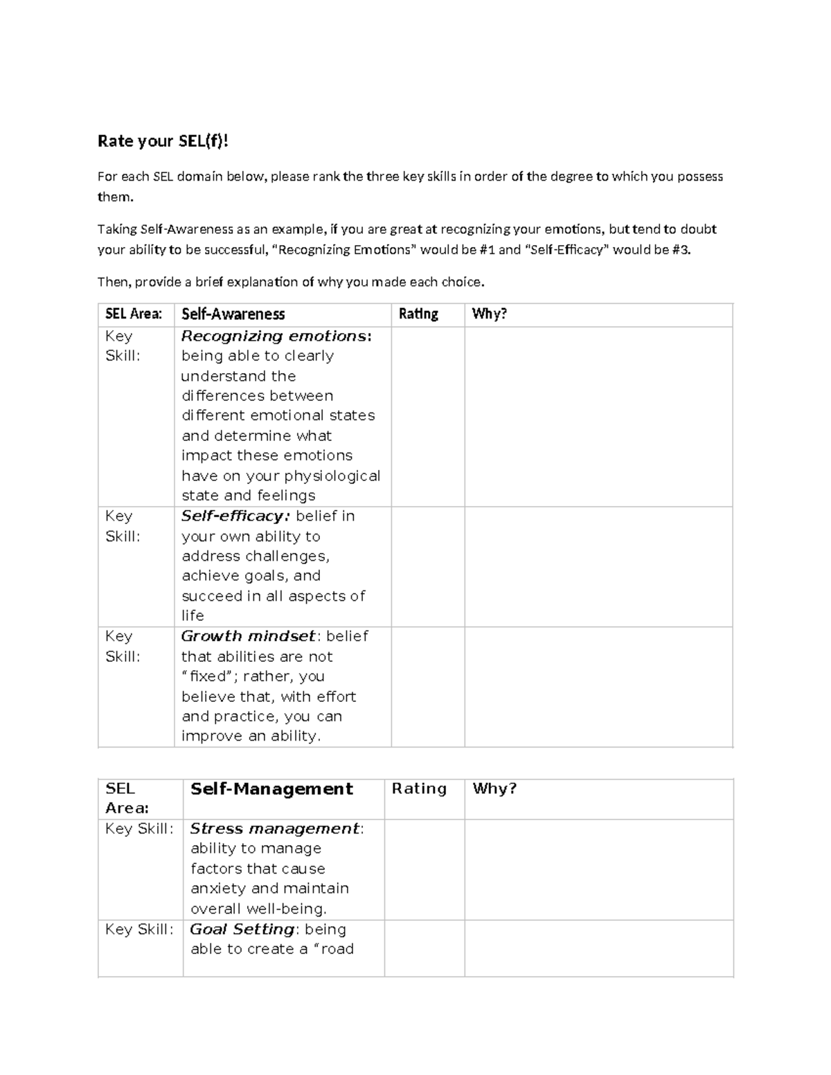 Rate your SEL - rate your sel - Rate your SEL(f)! For each SEL domain ...