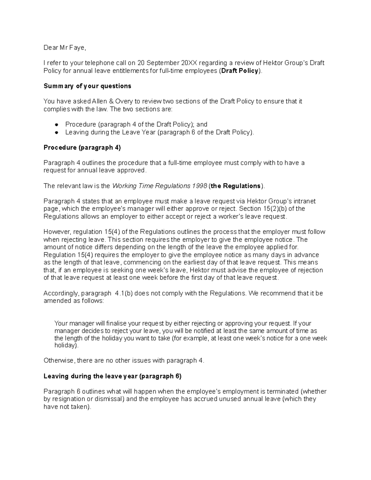Task 4 Email Response Example Answer - Dear Mr Faye, I refer to your ...