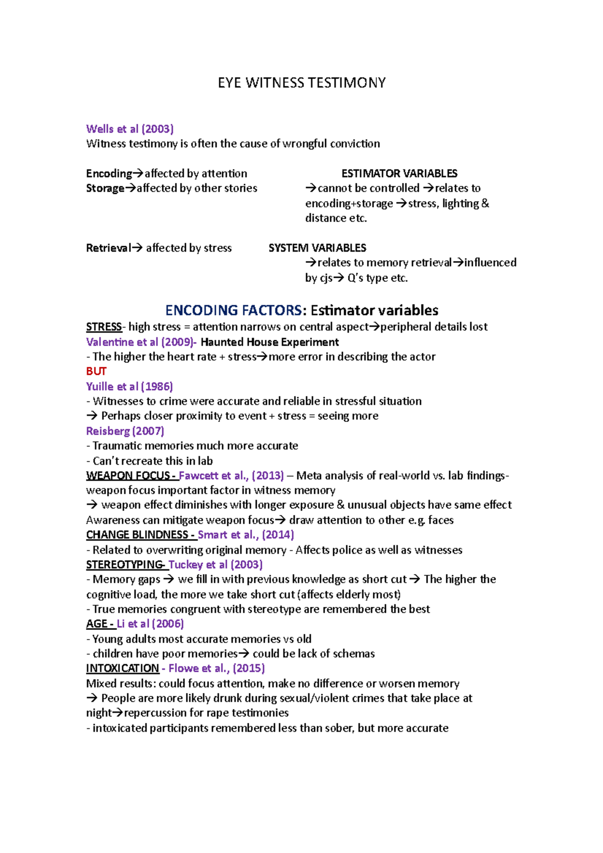 EYE Witness Testimony summary - EYE WITNESS TESTIMONY Wells et al (2003 ...