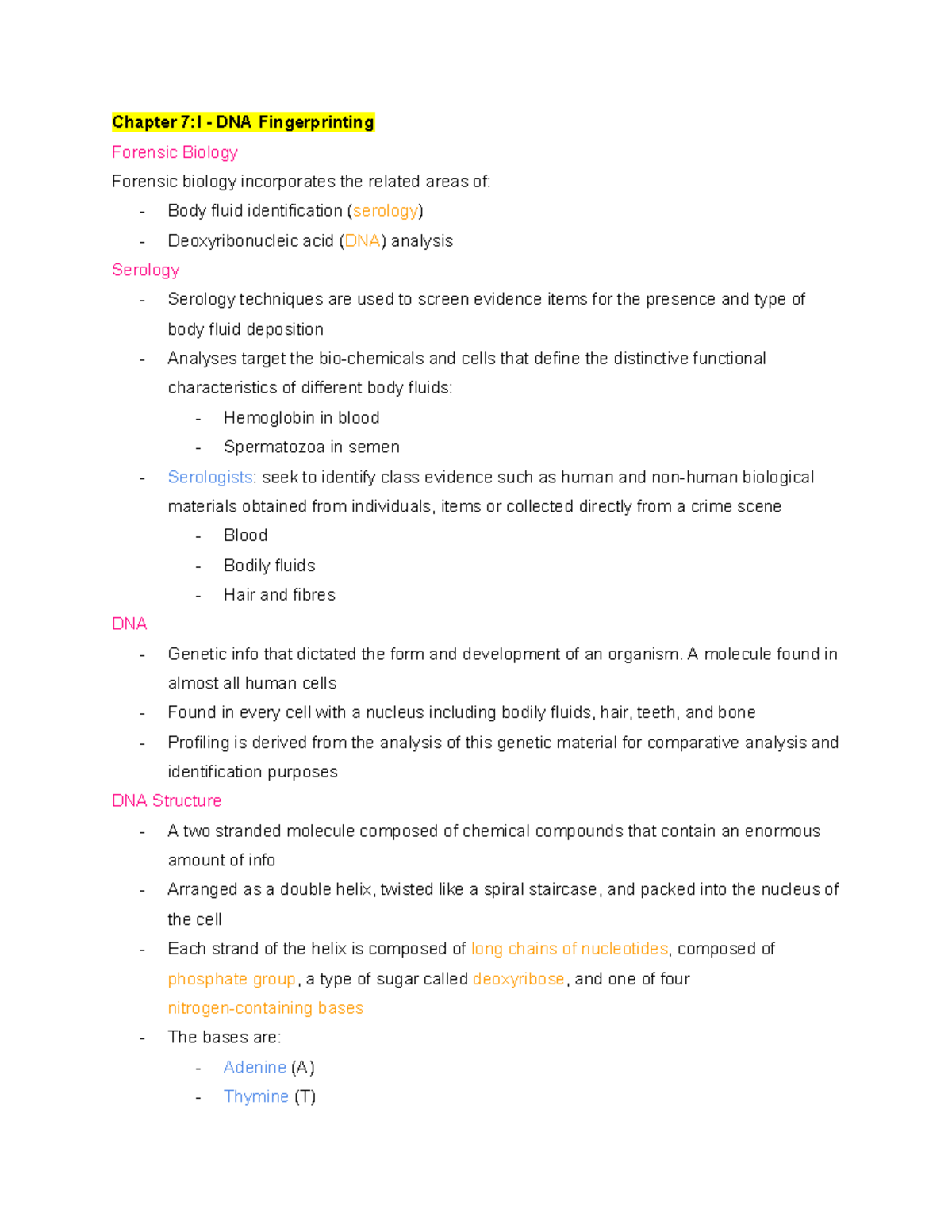 Chapter 7 - DNA Fingerprinting Summary Notes - Chapter 7:I - DNA ...