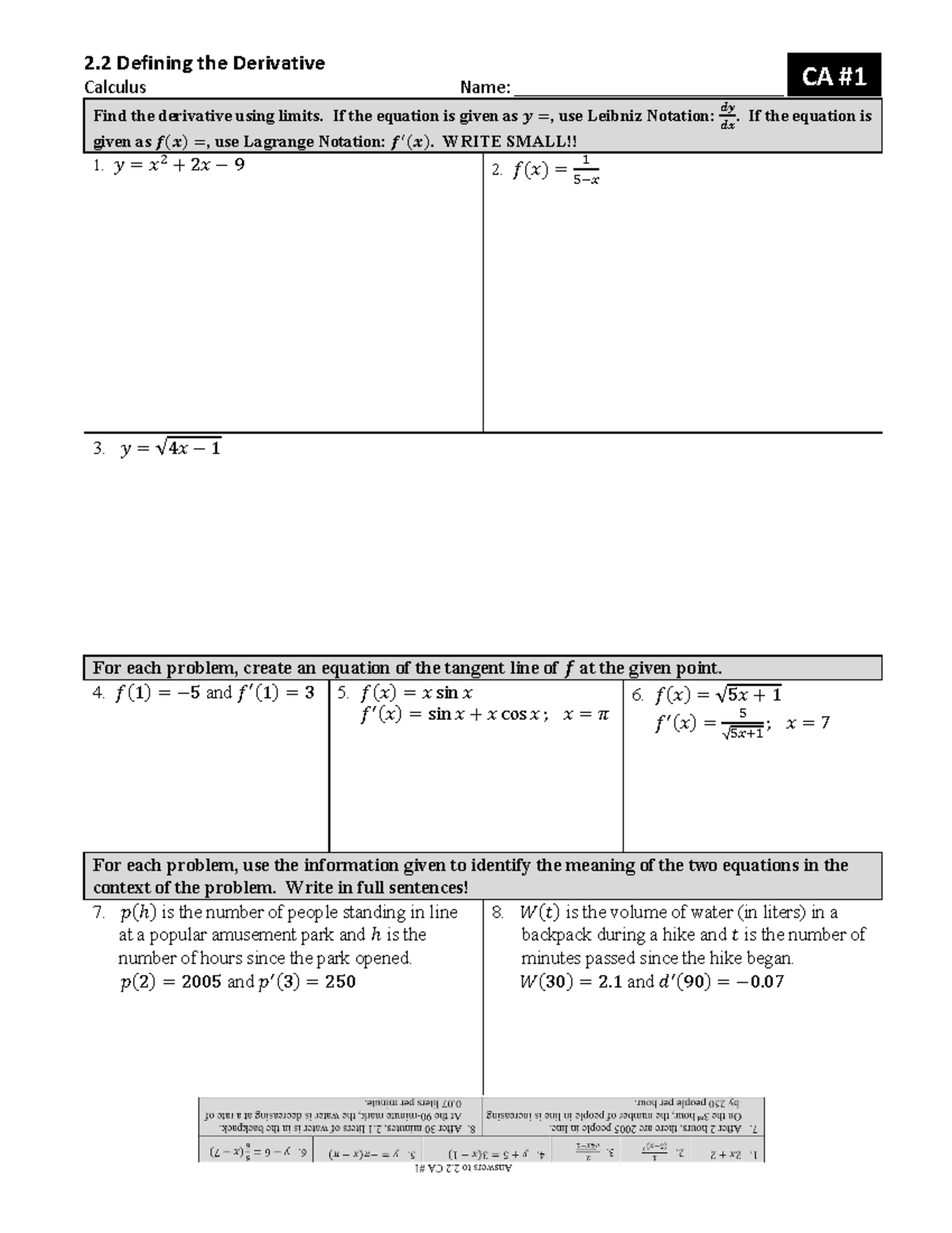 Calc 2 - calc 2.2 practice - 2 Defining the Derivative Calculus Name