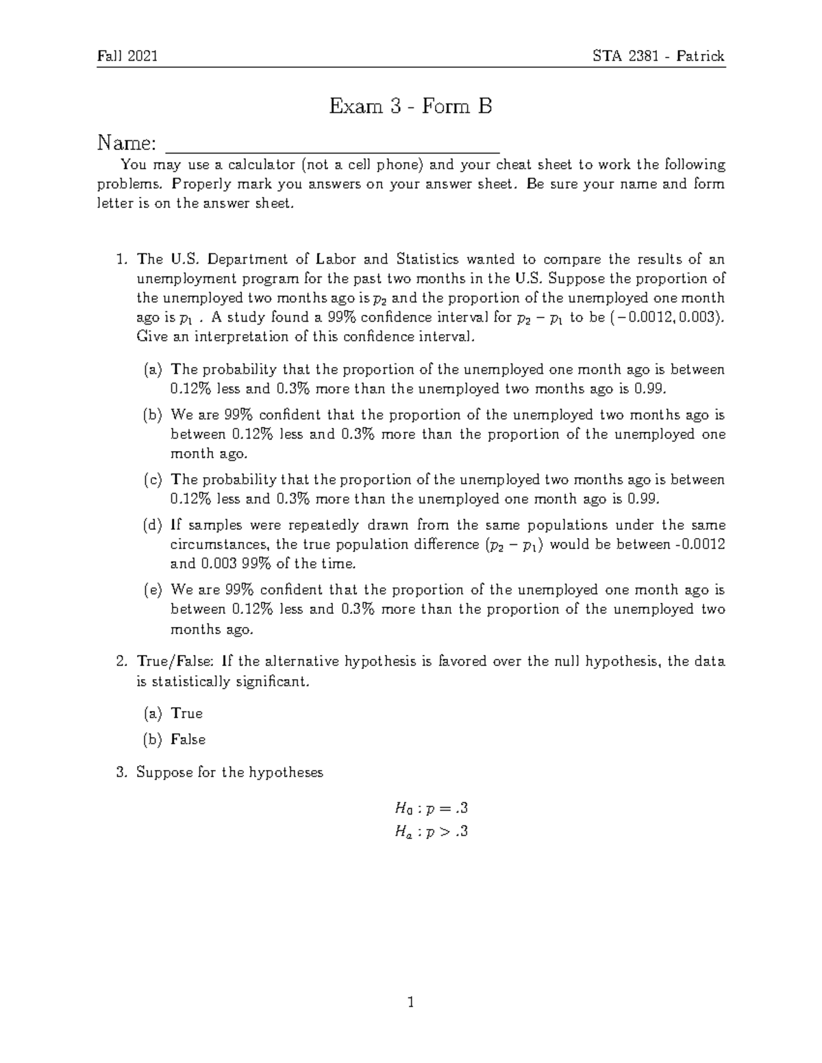 Exam 3 form b - Exam found on baylor instructure - Exam 3 - Form B Name ...