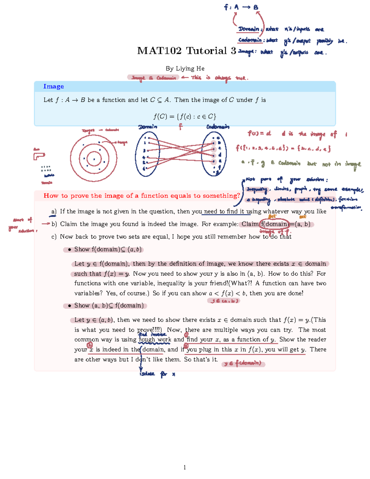 23F MAT102 Tutorial 3 Solutions - MAT102 Tutorial 3 By Liying He Image Let f : A! B be a ...