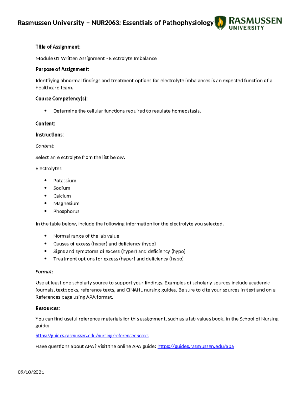 NUR2063 Module 01Written Assignment-Electrolyte Imbalance - Rasmussen ...