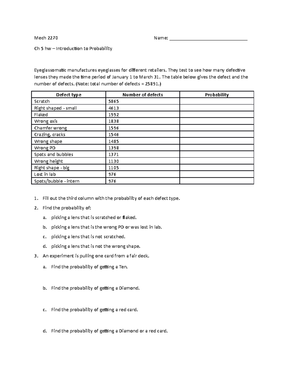 Ch 5 hw - engineering statistics - Mech 2270 Name: ______________________________ Ch 5 hw ...