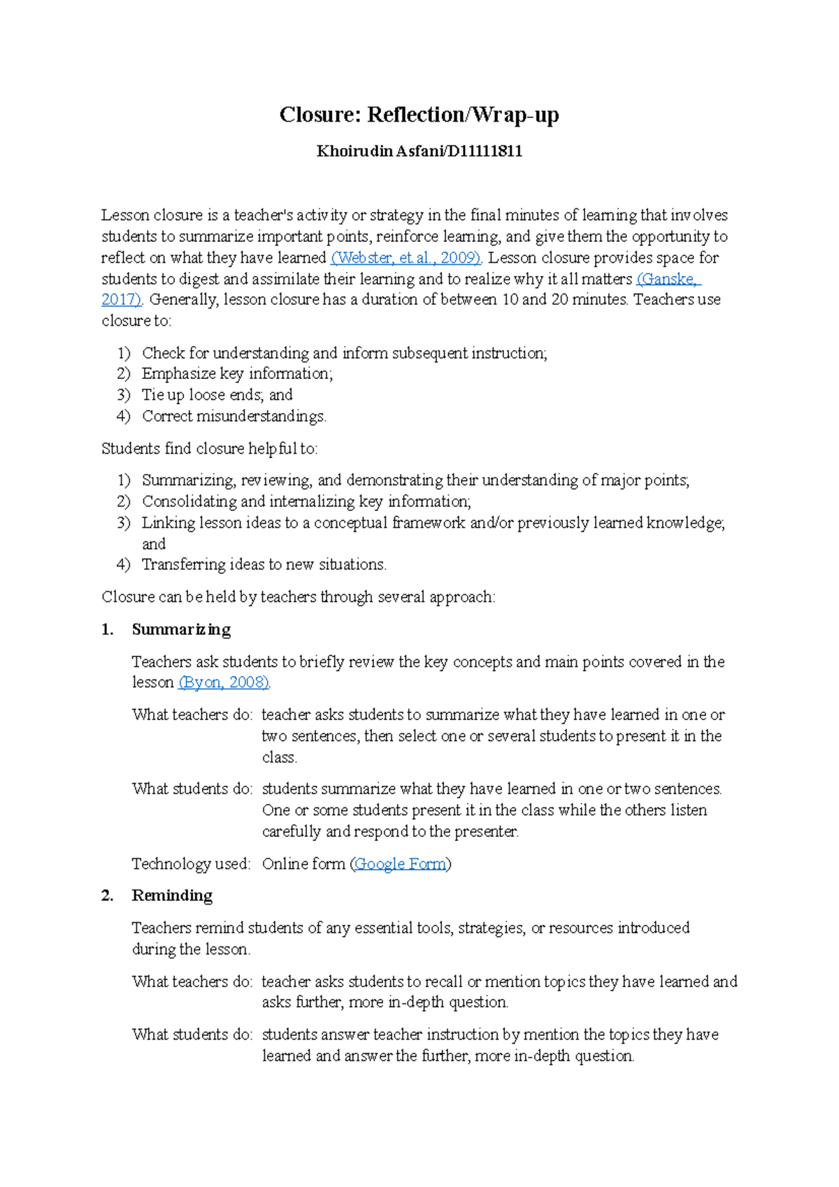 Stage 4 Khoirudin Closure - Closure: Reflection/Wrap-up Khoirudin Asfani/D Lesson closure is a ...