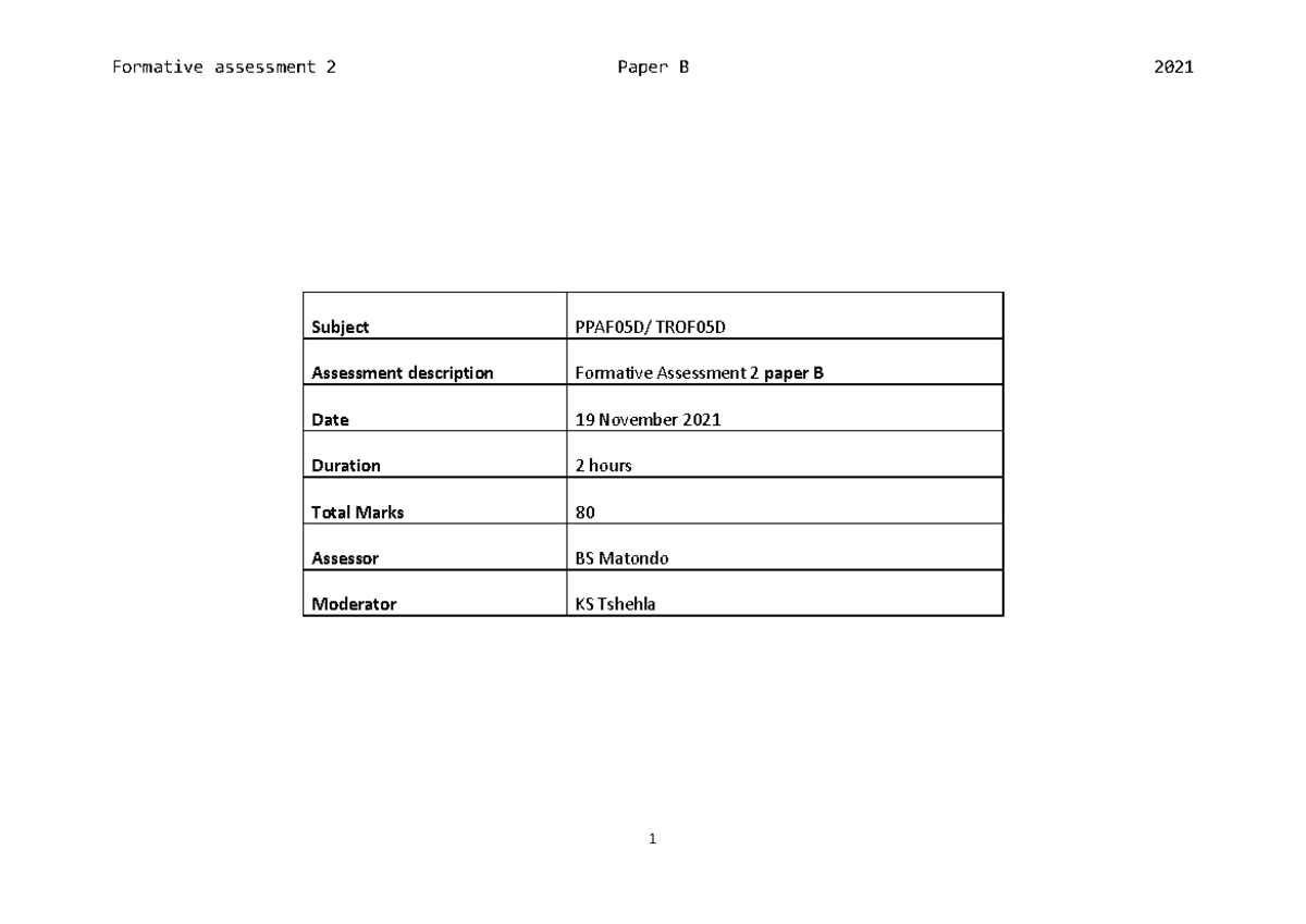 FA2 Paper B upd - Formative 2 memo - Subject PPAF05D/ TROF05D ...