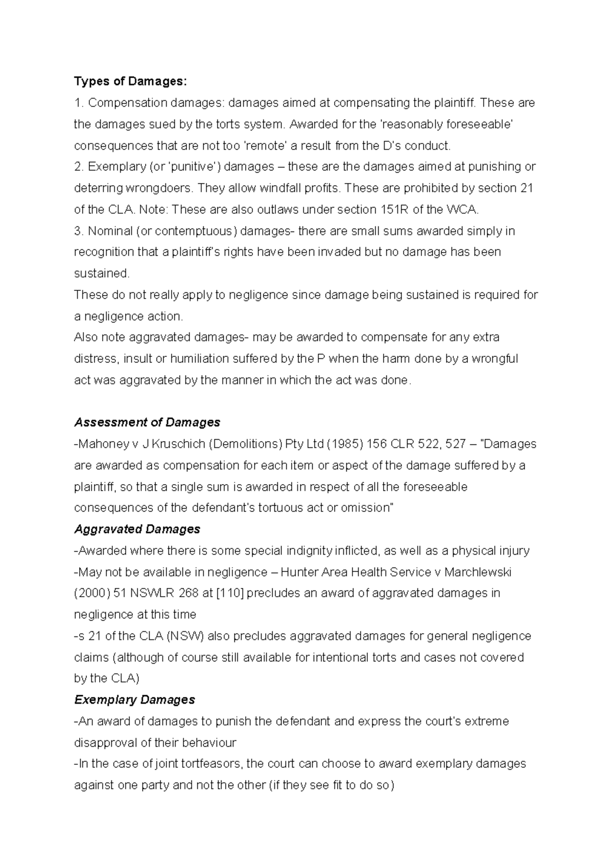 Types of Damages - notes - Types of Damages: Compensation damages ...