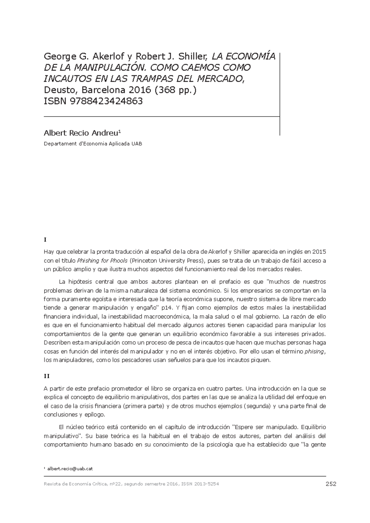 Albert Recio GAkerlof-RShiller La-economia-de-la-manipulacion - George ...