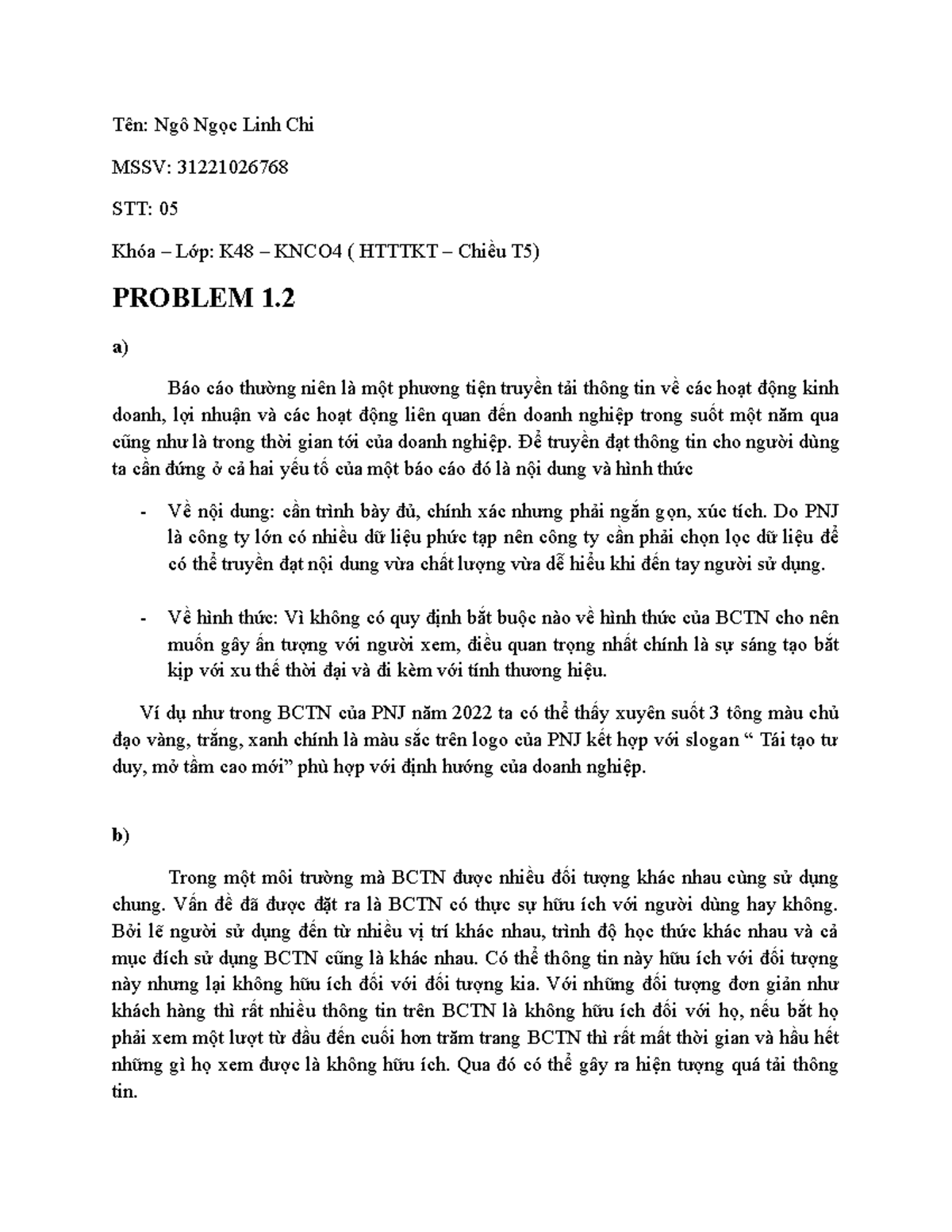 BCTN PNJ - 05 - Ngô Ngọc Linh Chi - Tên: Ngô Ngọc Linh Chi MSSV ...