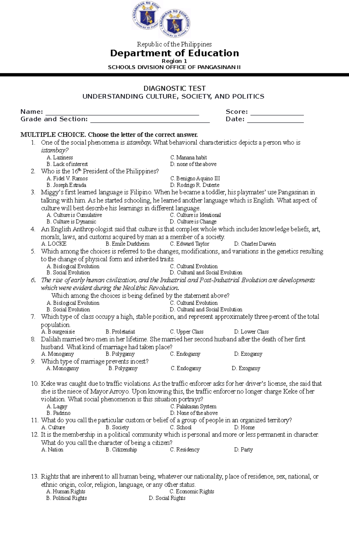 Grade-11 UCSP Diagnostic-TEST-1 - Republic of the Philippines ...