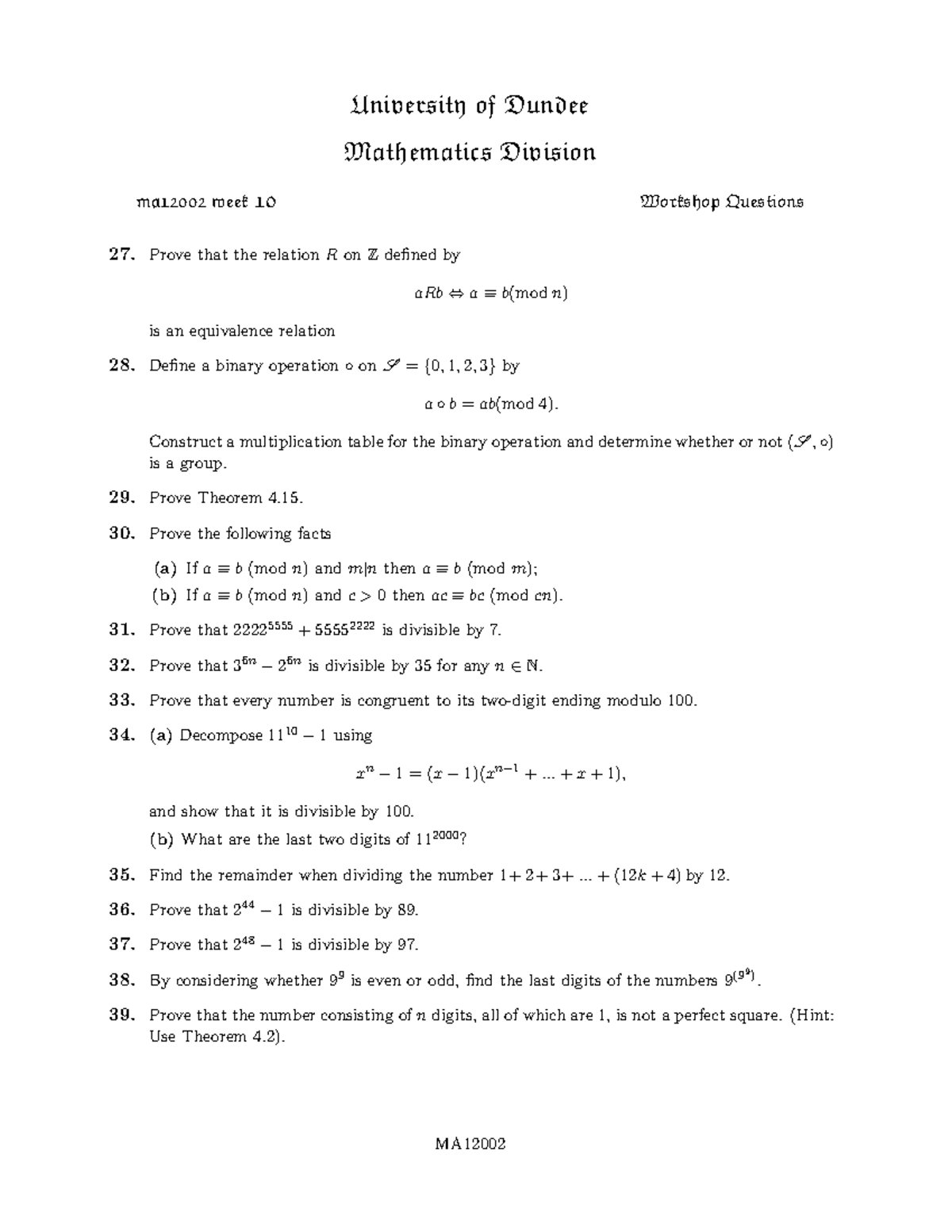 Ws10 - Worksheet 10 - University of Dundee Mathematics Division ma12002 ...