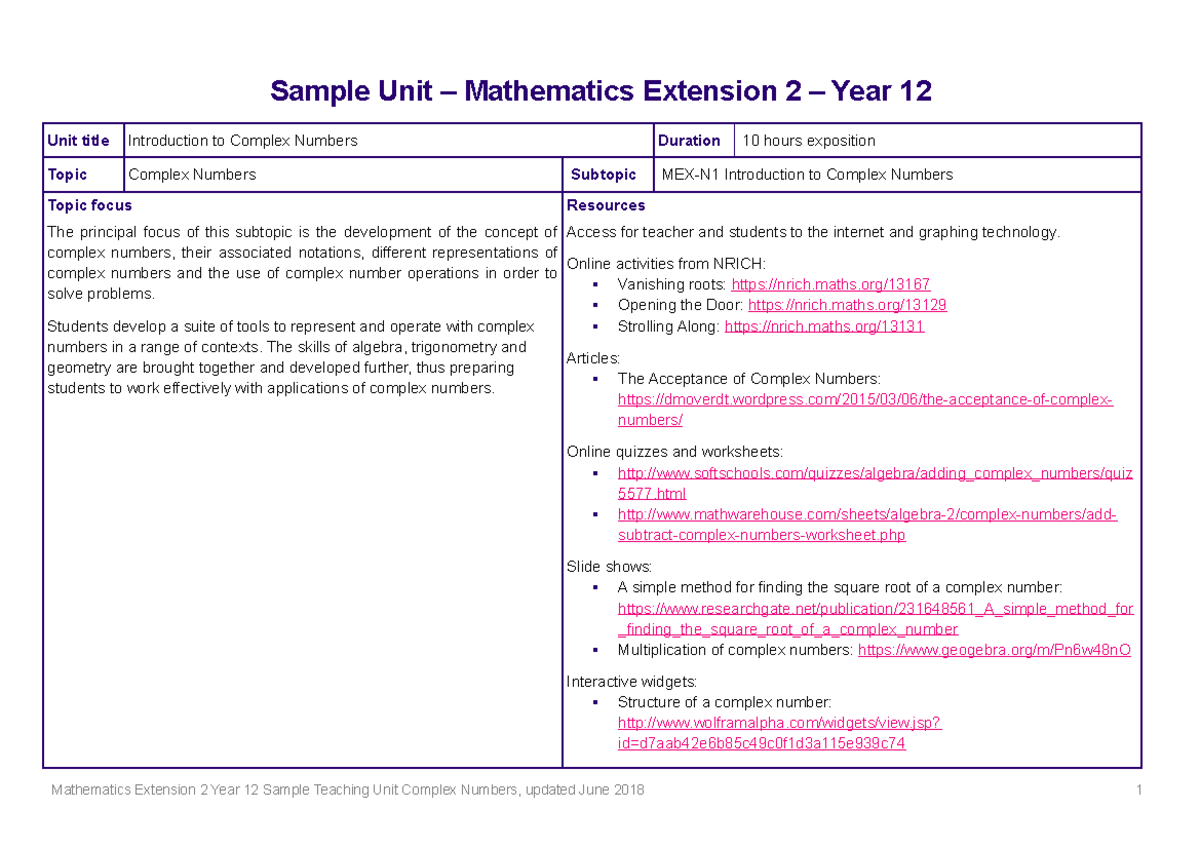 Mathematics extension 2 year 12 sample unit complex numbers - Sample ...