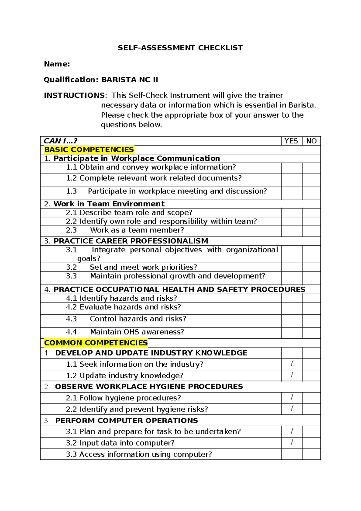 1 - Self Assessment Checklist - SELF-ASSESSMENT CHECKLIST Name ...