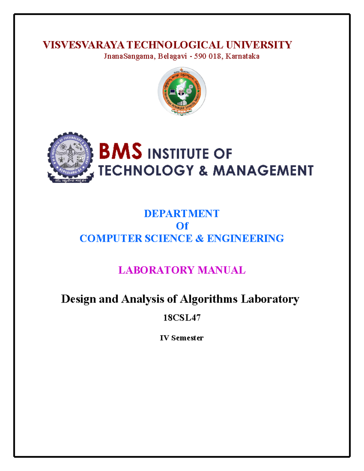 DAA Lab Manual - good - VISVESVARAYA TECHNOLOGICAL UNIVERSITY ...