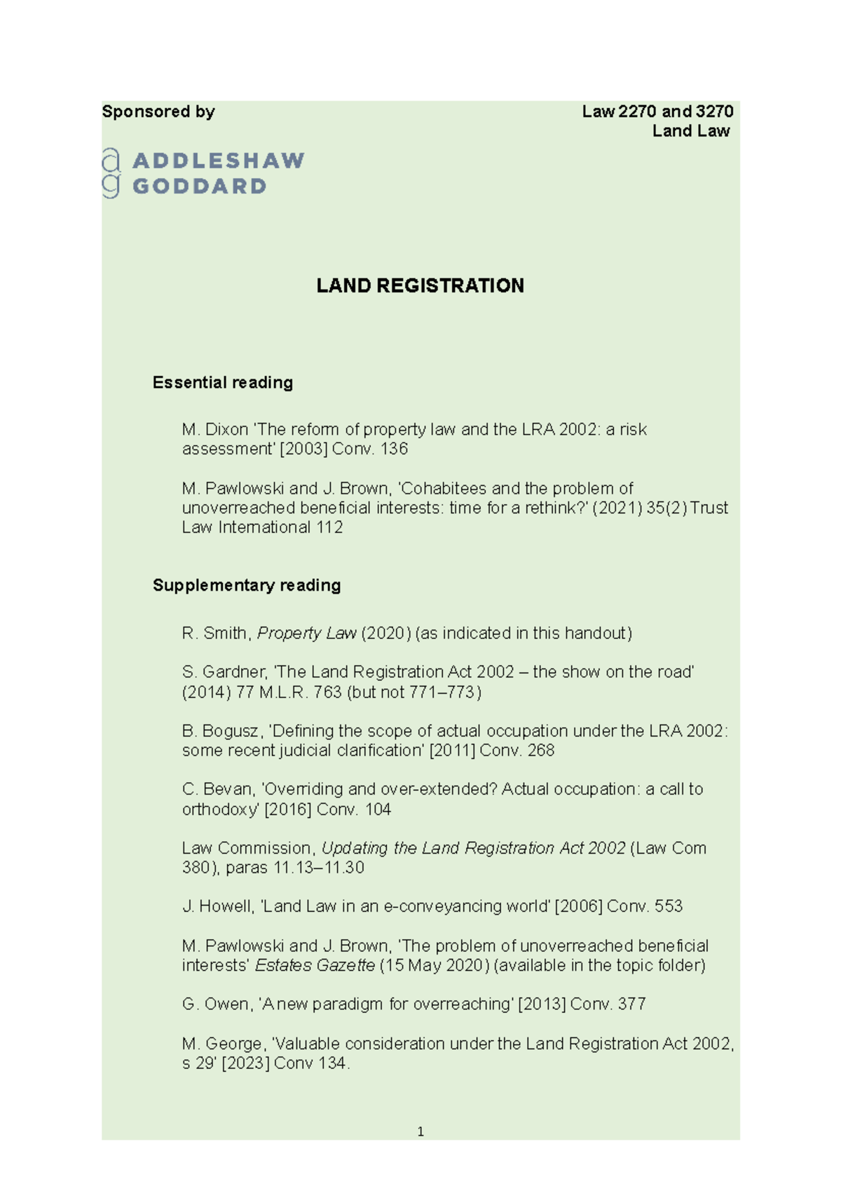 Land 4 (Land Registration) - Handout (2023) - Sponsored by Law 2270 and ...